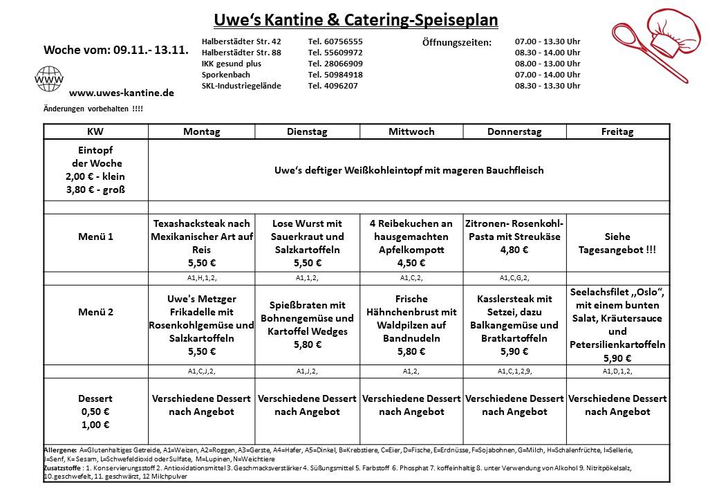 Speisepläne | Uwe's Kantine & Catering