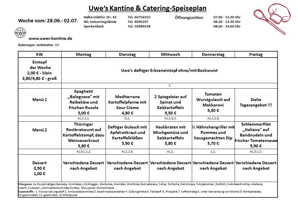 Speisepläne | Uwe's Kantine & Catering
